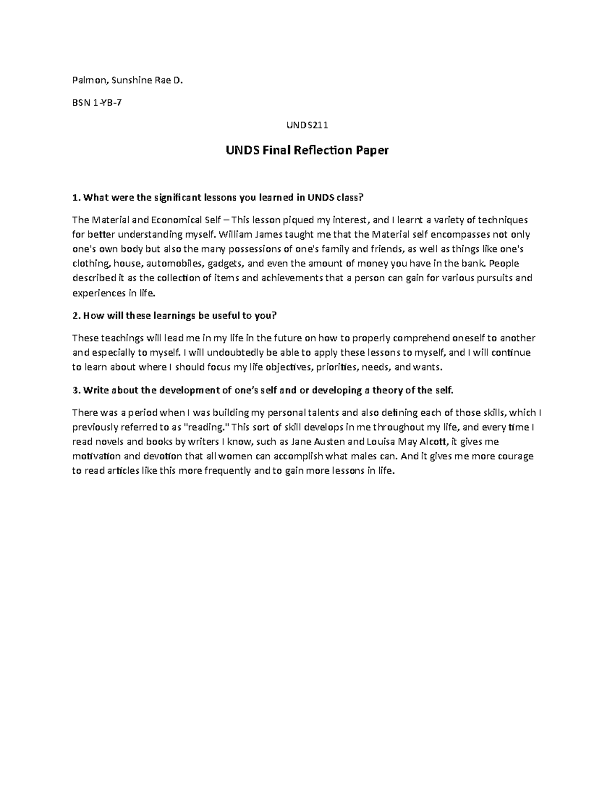 UNDS Final Reflection Paper - Palmon, Sunshine Rae D. BSN 1-YB- UNDS ...