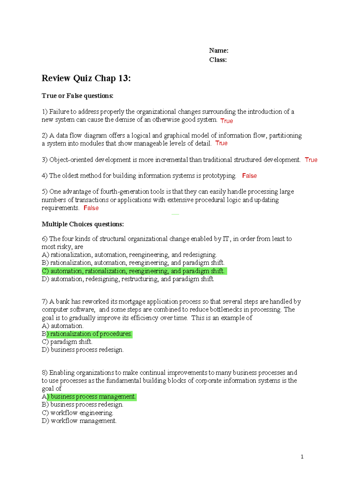 Unit 9 - Review questions - 1 Name: Class: Review Quiz Chap 13: True or ...