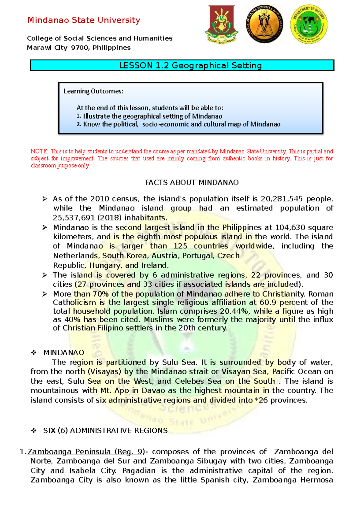 Mindanao geography - Mindanao State University College of Social ...