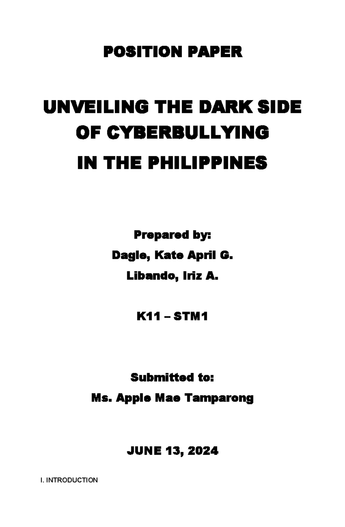 Final Position Paper - Eapp - POSITION PAPER UNVEILING THE DARK SIDE OF CYBERBULLYING IN THE ...