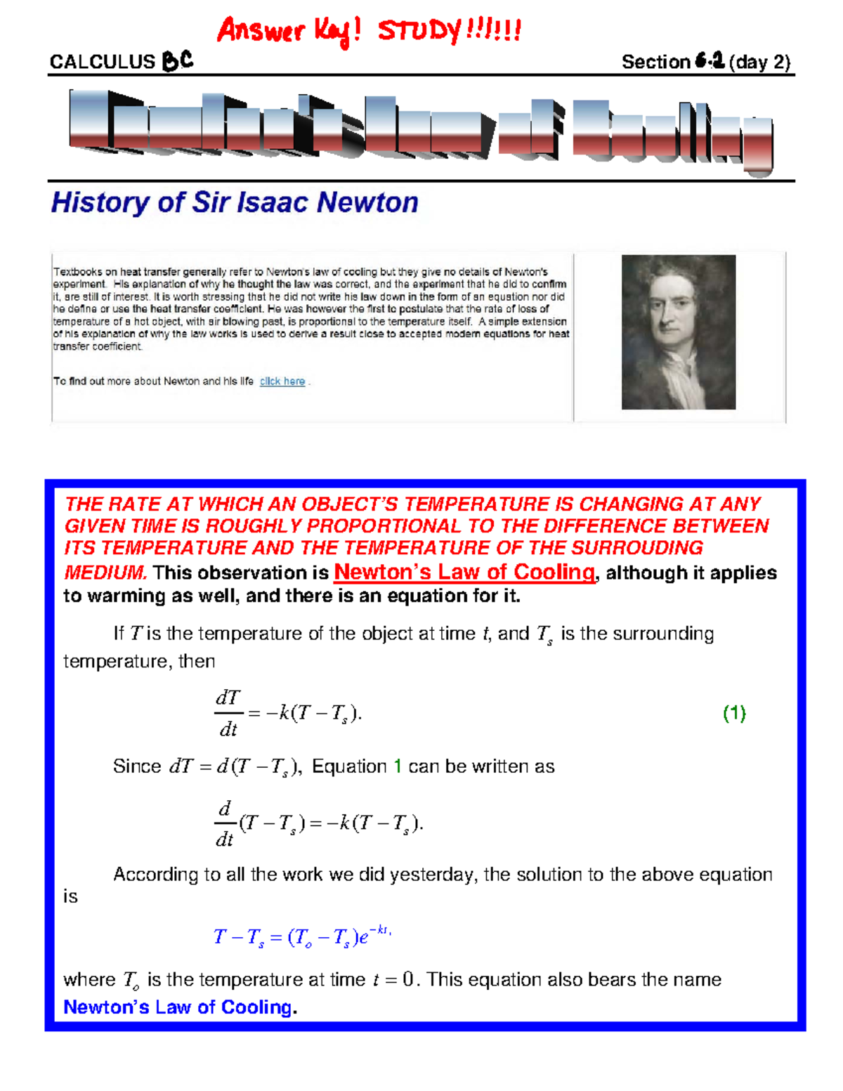 Newton LAW OF Cooling- Notes-DAY 1- Answers - THE RATE AT WHICH AN ...