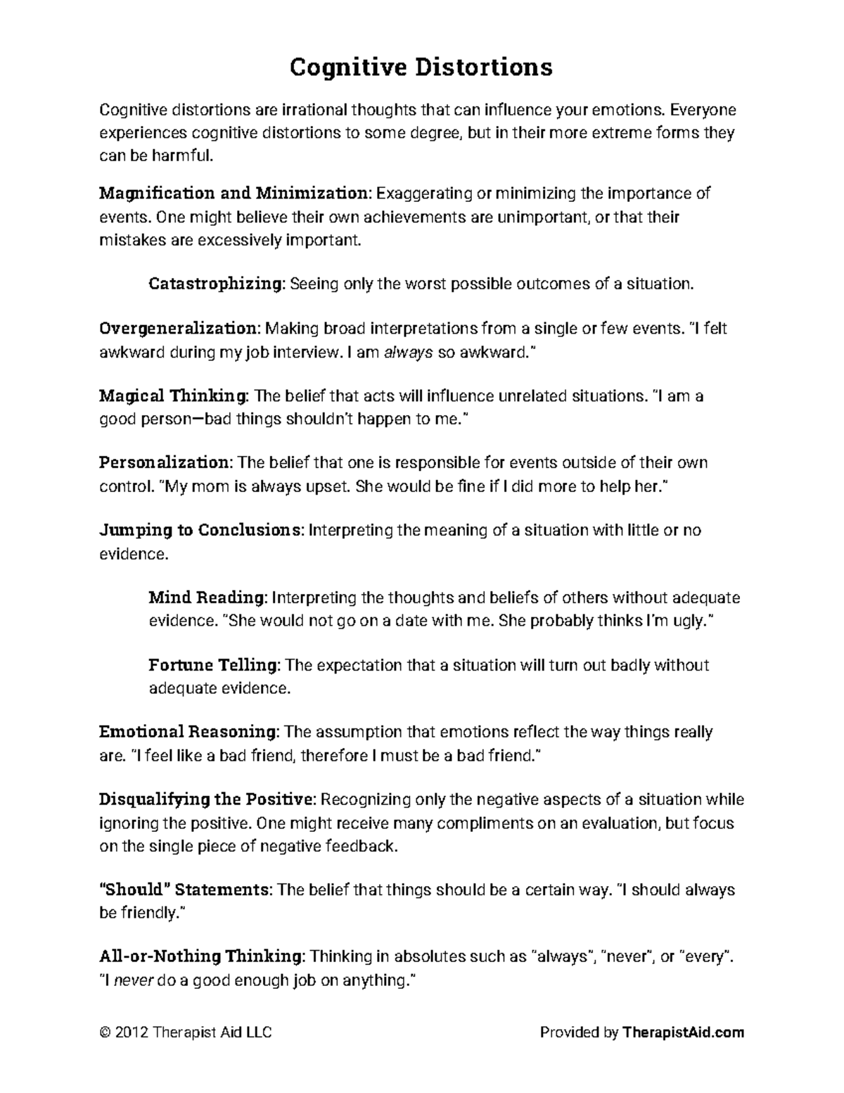 Cognitive distortions and questions - Cognitive Distortions © 2012 ...