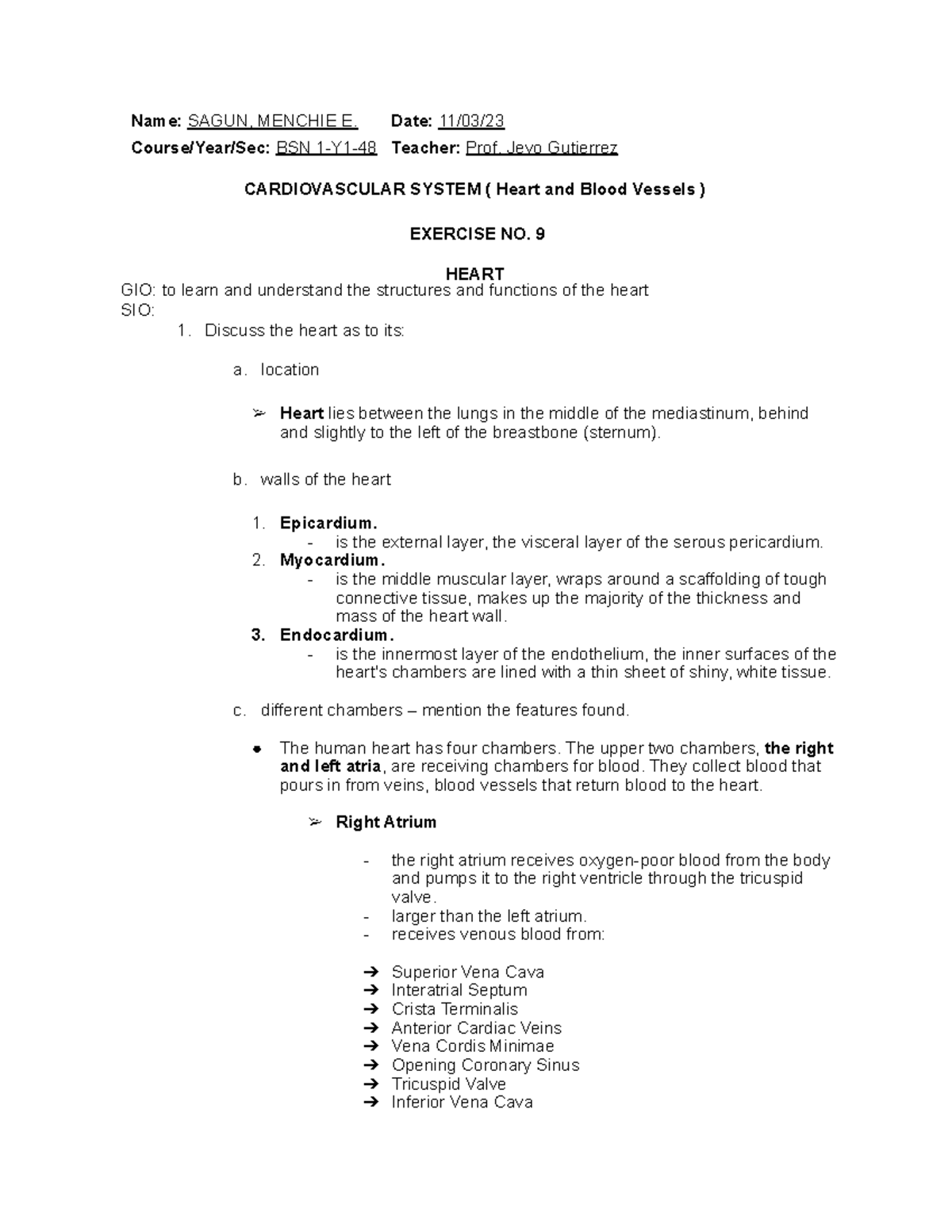LAB Exercise CVS Heart Blood Vessels - Name: SAGUN, MENCHIE E. Date: 11 ...