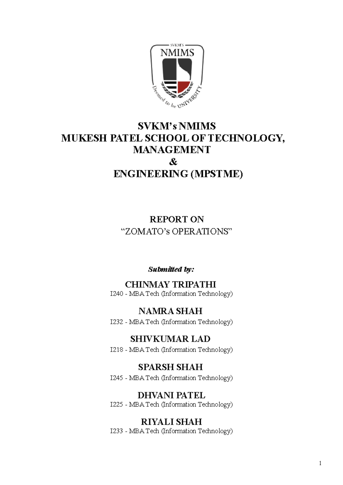 OM Final Report - project - SVKM’s NMIMS MUKESH PATEL SCHOOL OF TECHNOLOGY, MANAGEMENT & - Studocu