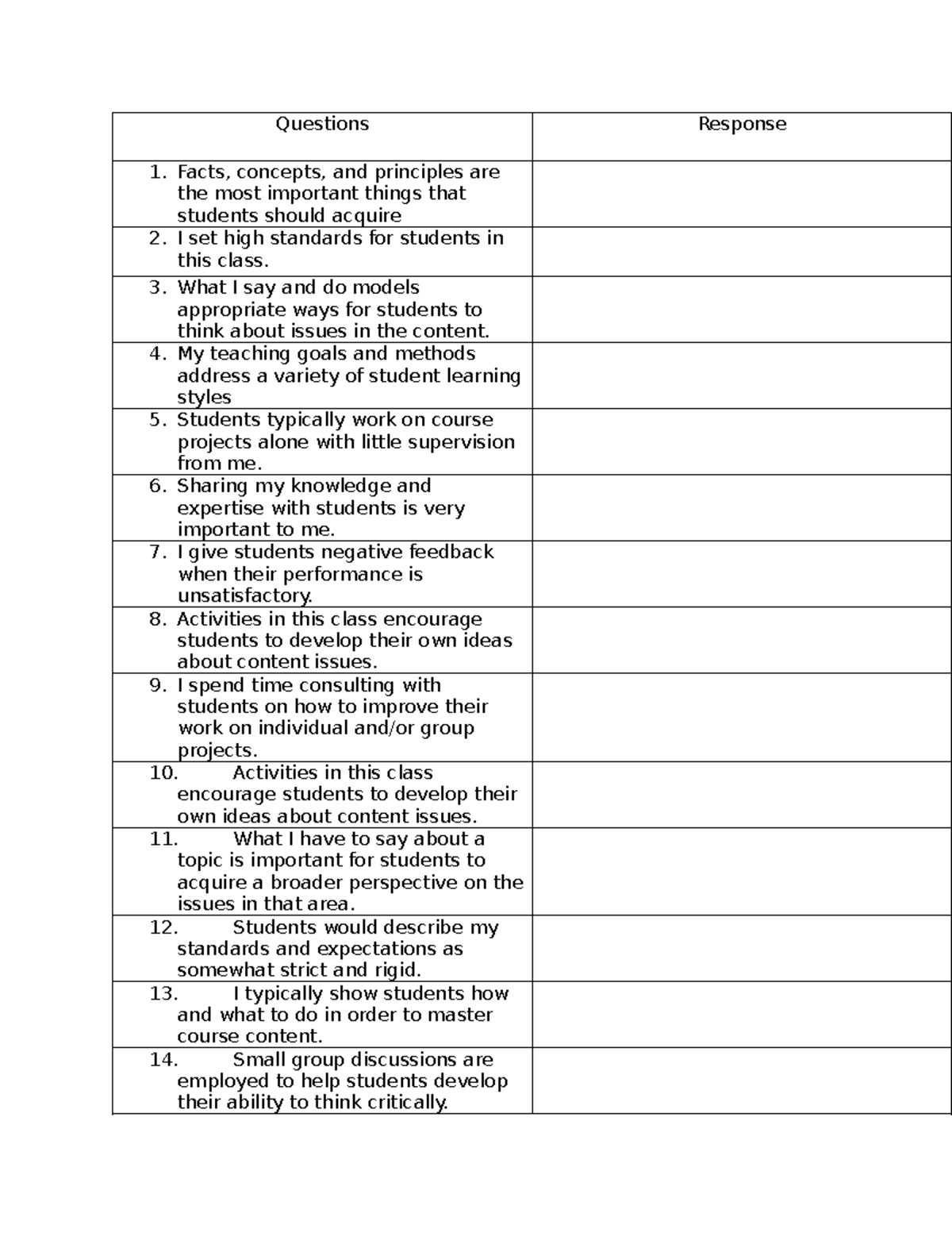 Research Questionaire - Questions Response Facts, concepts, and ...
