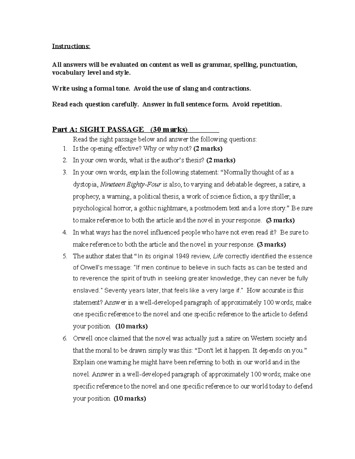 Sight passage test mine - Instructions: All answers will be evaluated ...