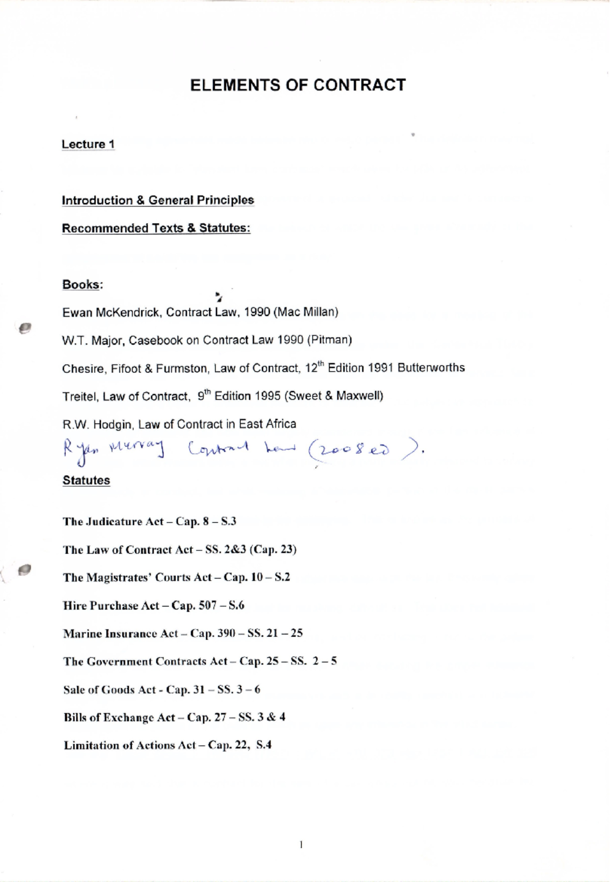 Contract 1-10 - ELEMENTS OF CONTRACT Lecture 1 Introduction General ...
