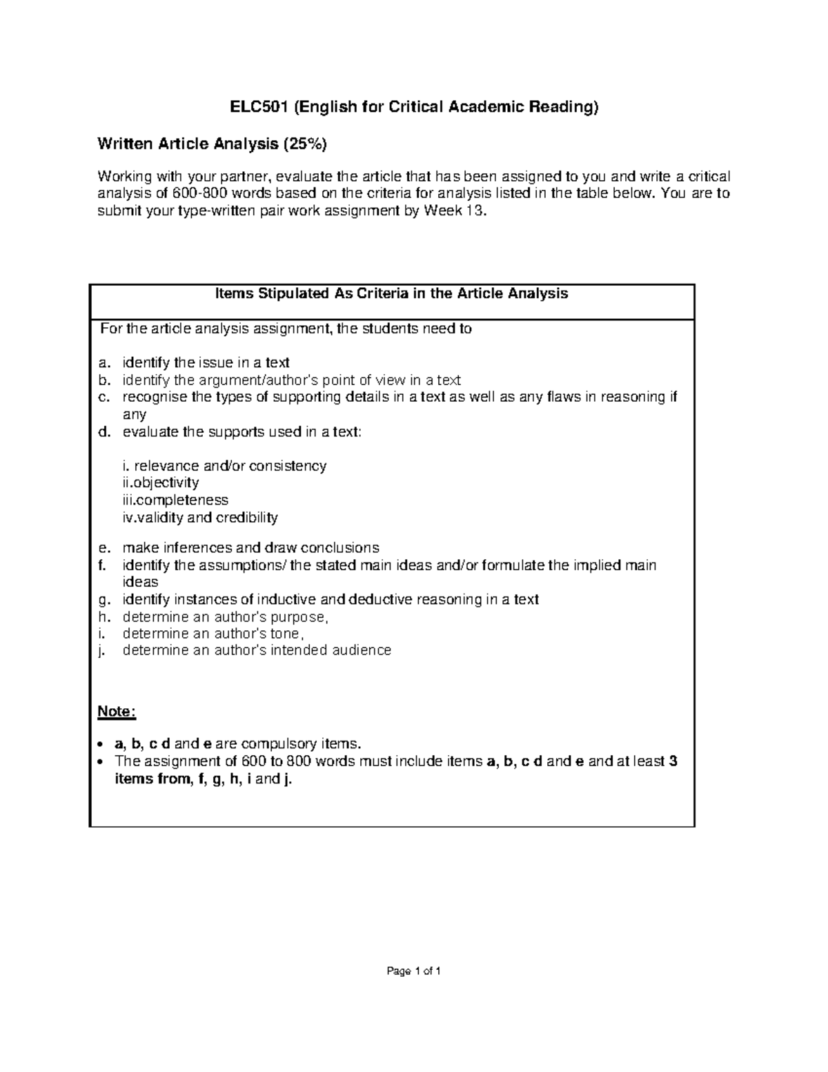 Lecture Assignment 1a Written Analysis Guide - Page 1 of 1 ELC501 ...