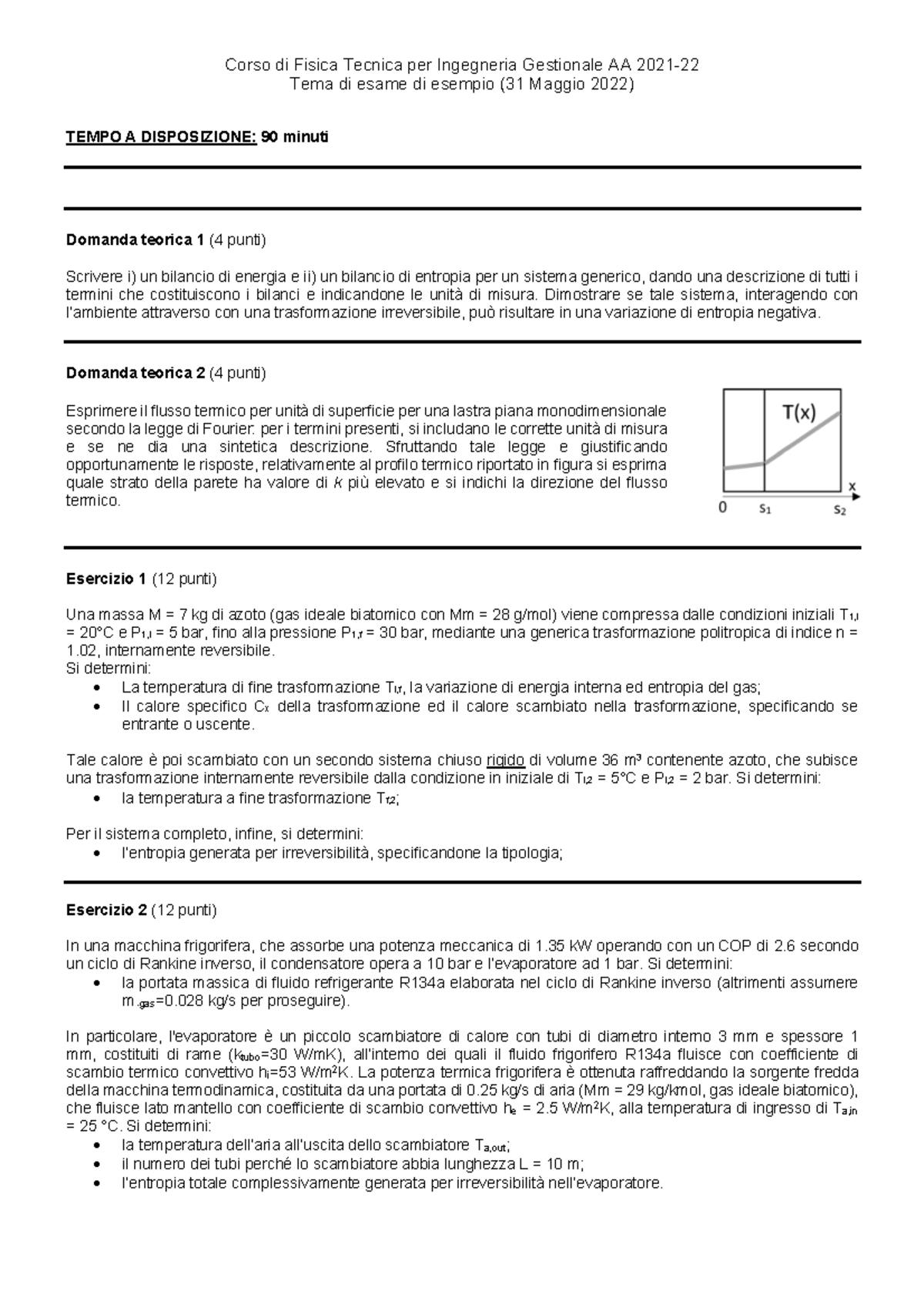Tema esempio FT 21-2022 +teoria - Corso di Fisica Tecnica per Ingegneria Gestionale AA 2021 ...