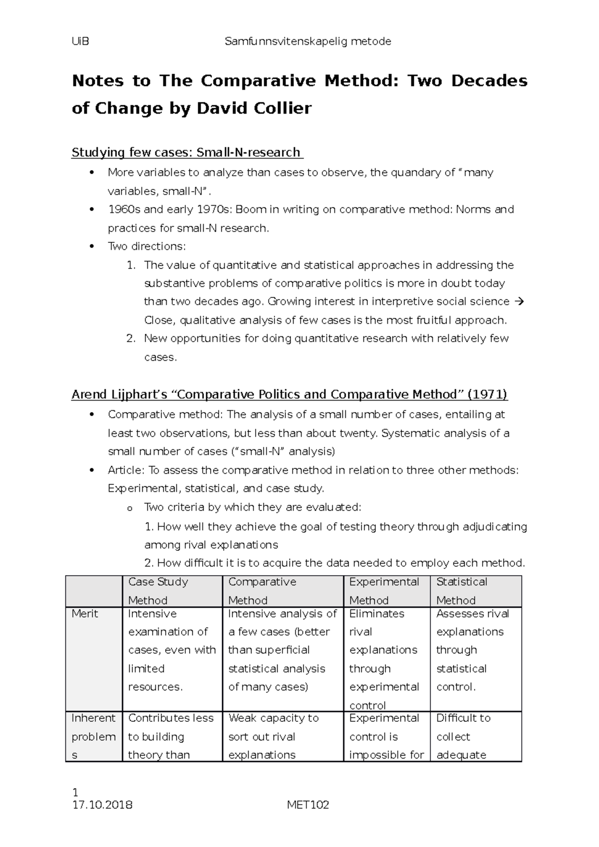 Notater til The Comparative Method av Collier - UiB ...
