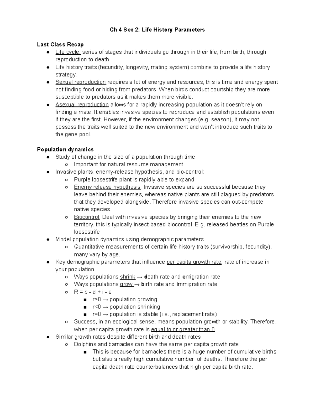 Ch 4 Sec 2 Life History Parameters - Ch 4 Sec 2: Life History ...
