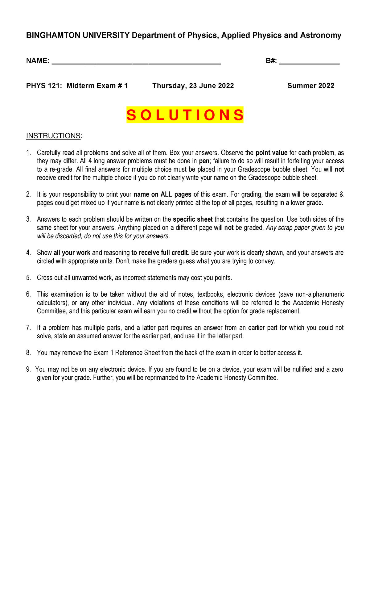 Exam 2 Solutions - BINGHAMTON UNIVERSITY Department of Physics, Applied Physics and Astronomy ...