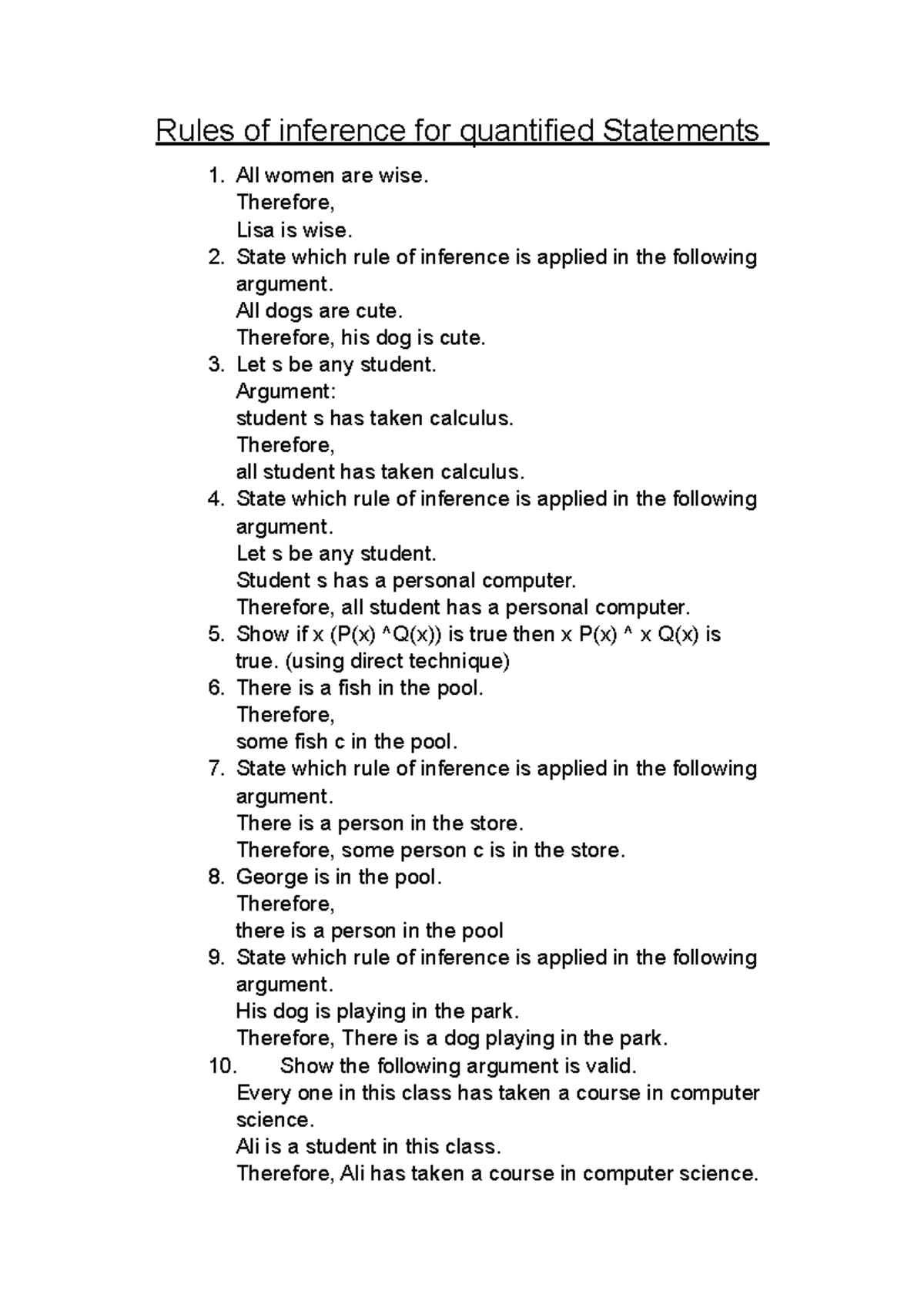 Rules of inference for Quantifier Statements (Excercises) - Rules of ...
