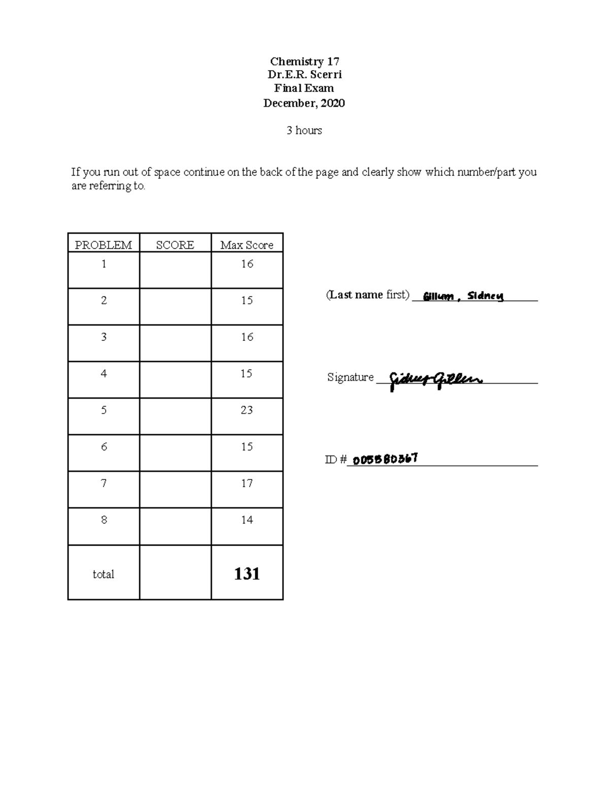 Chem 17 final exam. dec 2020 - Chemistry 17 Dr.E. Scerri Final Exam ...