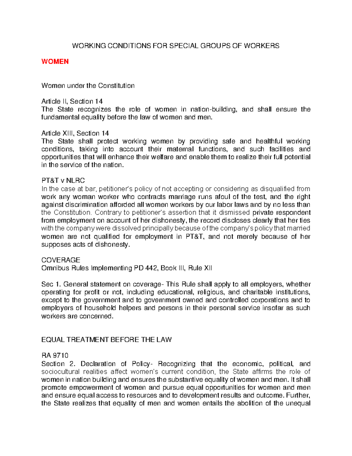 Working Conditions FOR Special Groups OF Workers - WORKING CONDITIONS ...