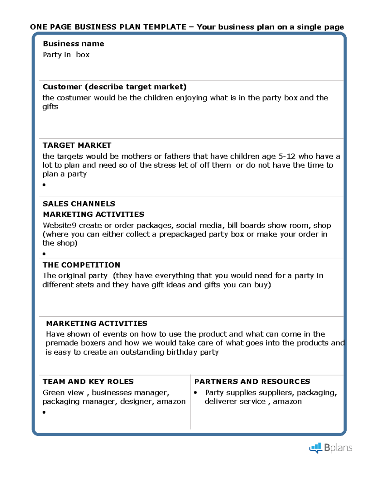 One-page business plan template-Bplans download - ONE PAGE BUSINESS ...