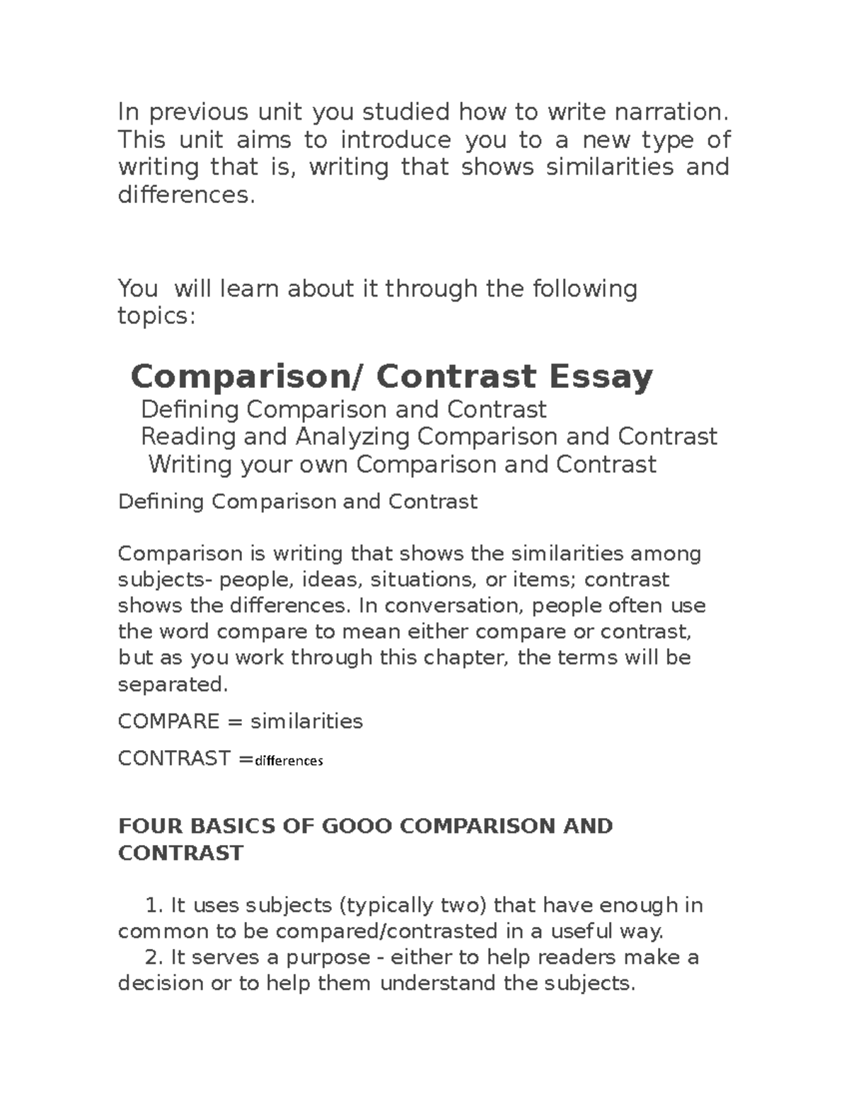Comparative essay Contenido - In previous unit you studied how to write ...