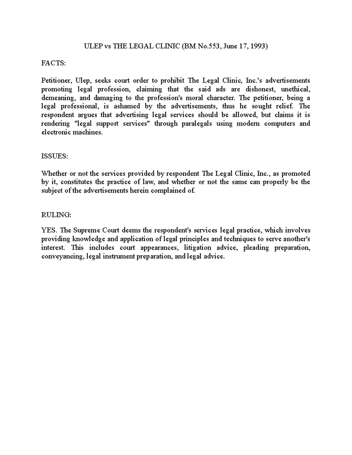 ULEP vs THE Legal Clinic- Nesperos - ULEP vs THE LEGAL CLINIC (BM No ...