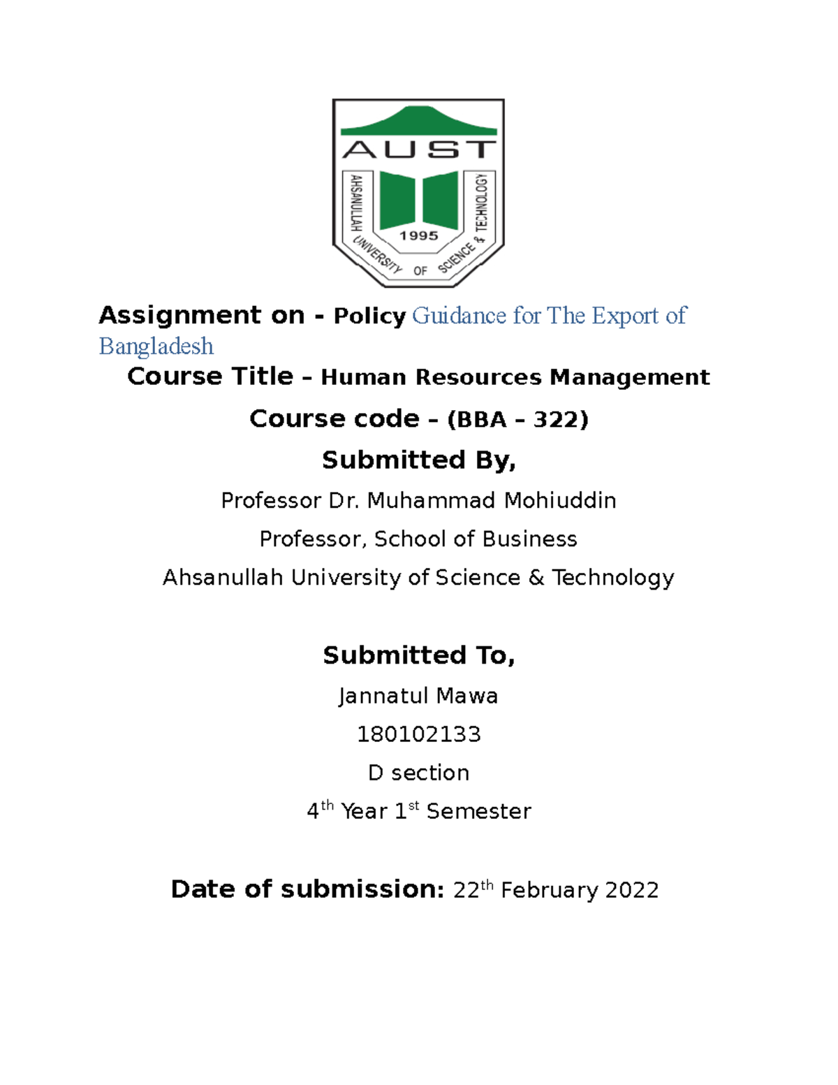 180102133-Jannatul-Mawa - Assignment on - Policy Guidance for The Export of Bangladesh Course ...
