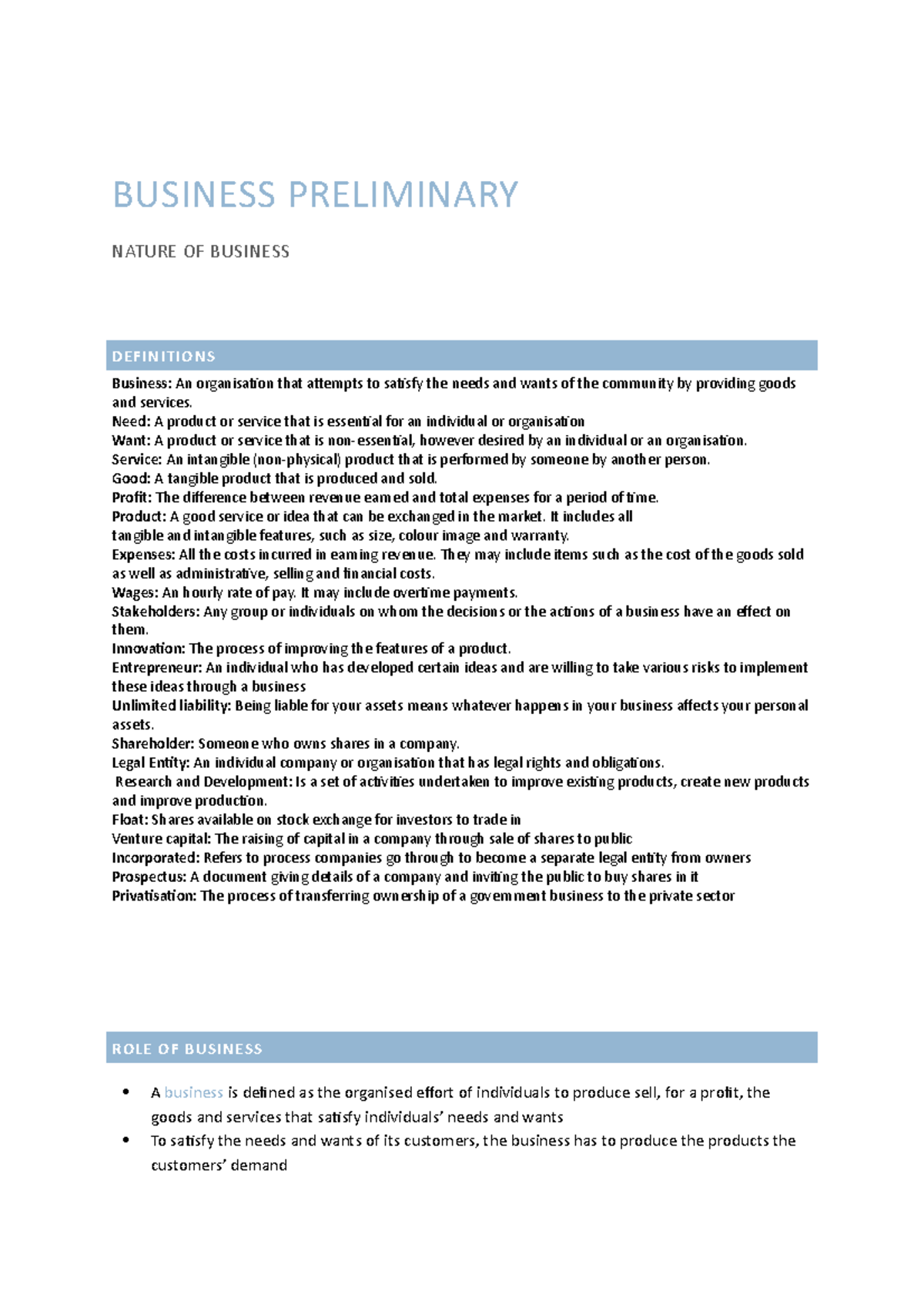 Business Preliminary - BUSINESS PRELIMINARY NATURE OF BUSINESS ...