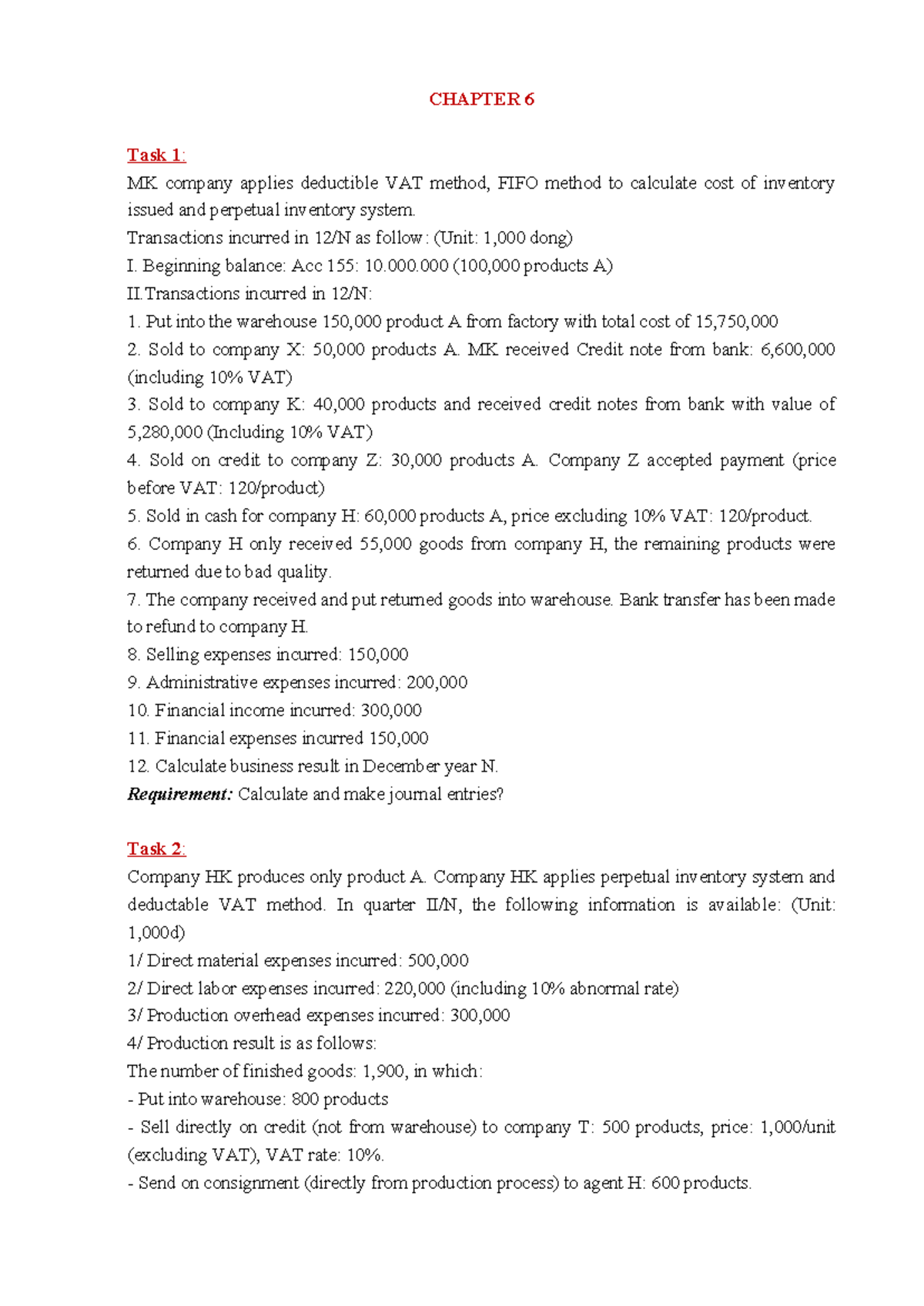 Tasks for c6 - CHAPTER 6 Task 1: MK company applies deductible VAT method, FIFO method to ...