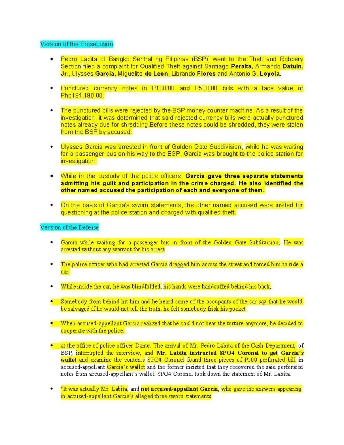 People vs. Peralta - Version of the Prosecution Pedro Labita of Bangko ...