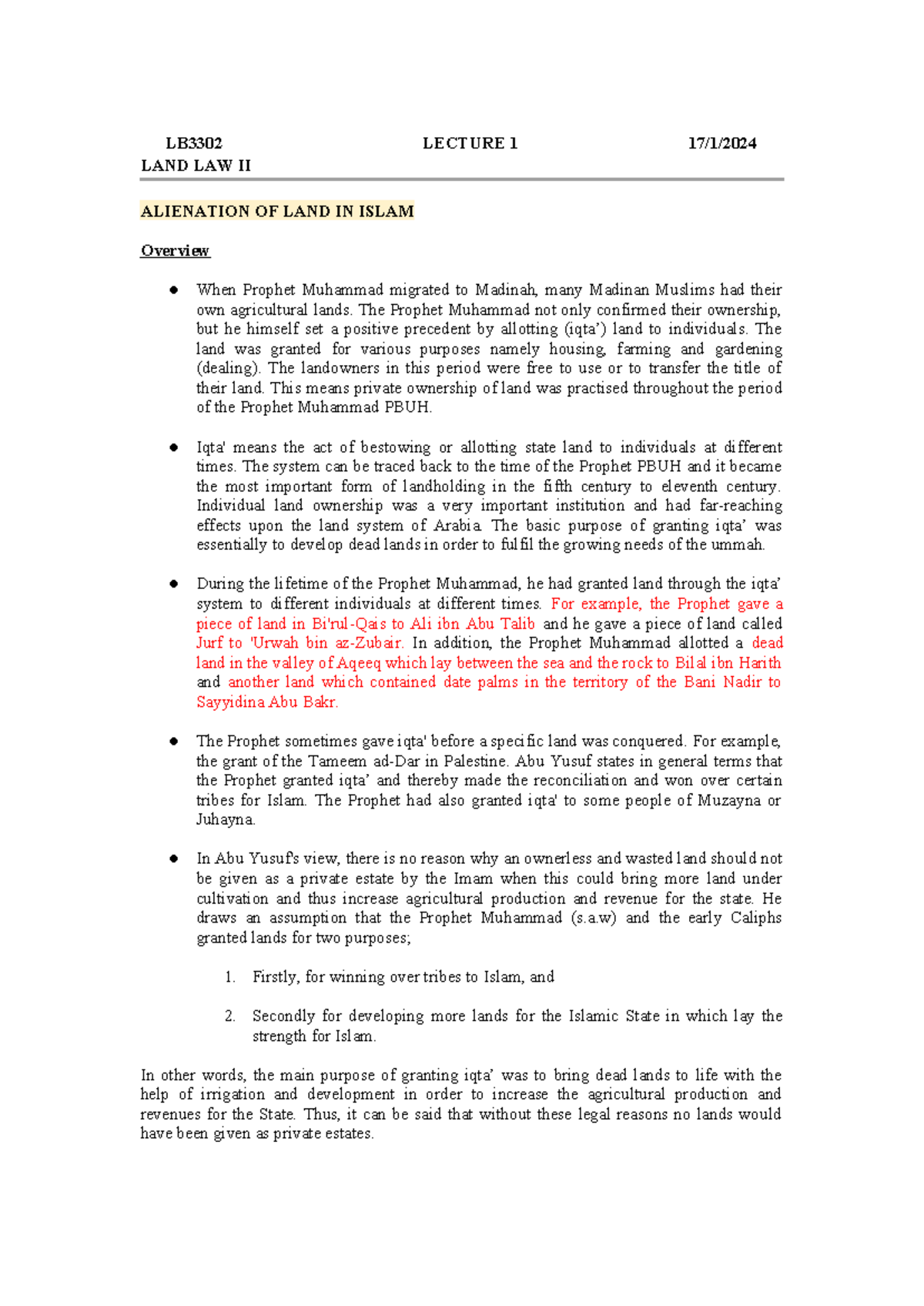 [ LB3302 ] 1. Alienation of Land in Islam - LB3302 LECTURE 1 17/1/ LAND ...