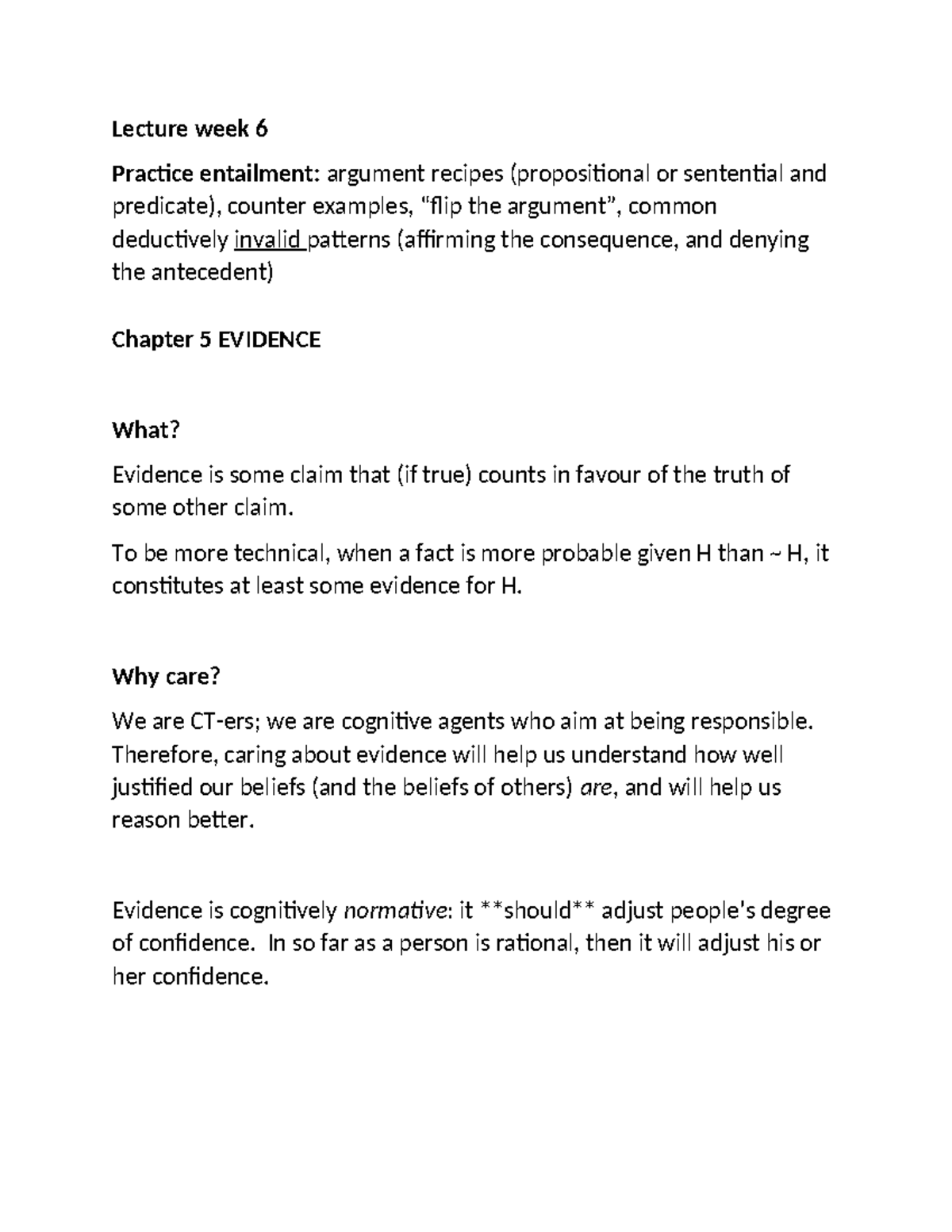 Lecture notes week 6 evidence - Lecture week 6 Practice entailment ...