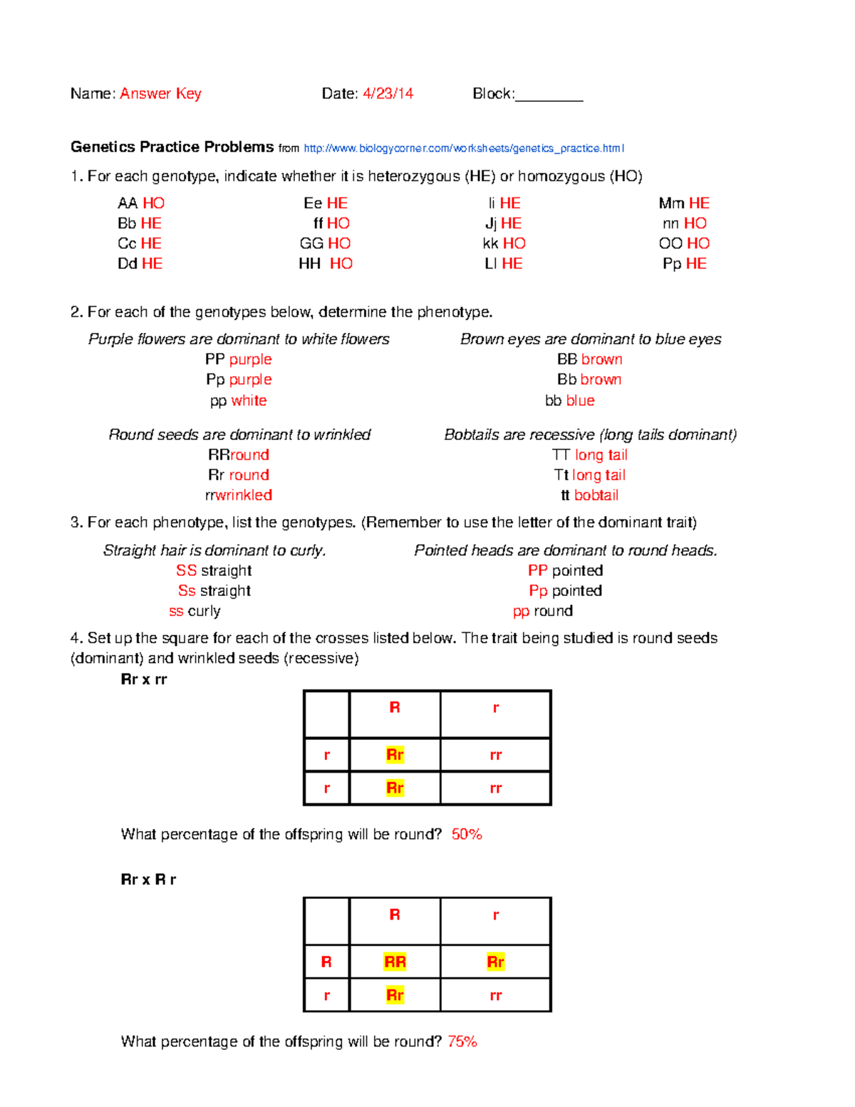 9772222 - Name: Answer Key Date: 4/23/14 Block:________ Genetics Practice Problems from - Studocu