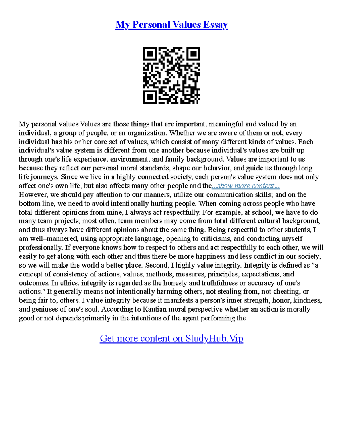 Essay Moral Values - My Personal Values Essay My personal values Values ...