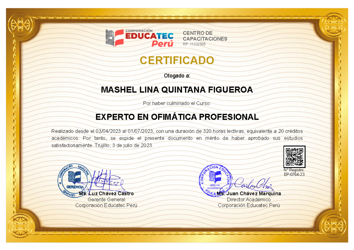 Certificado CEP Curso 154 - N° Registro: EP-0764- CENTRO DE CAPACITACIONES RP: 11332588 ...