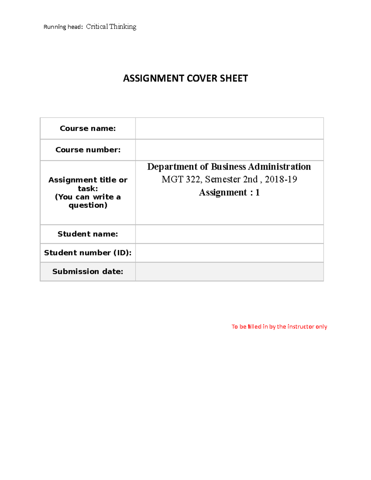 Critical Thinking 111 - Running head: Critical Thinking ASSIGNMENT ...