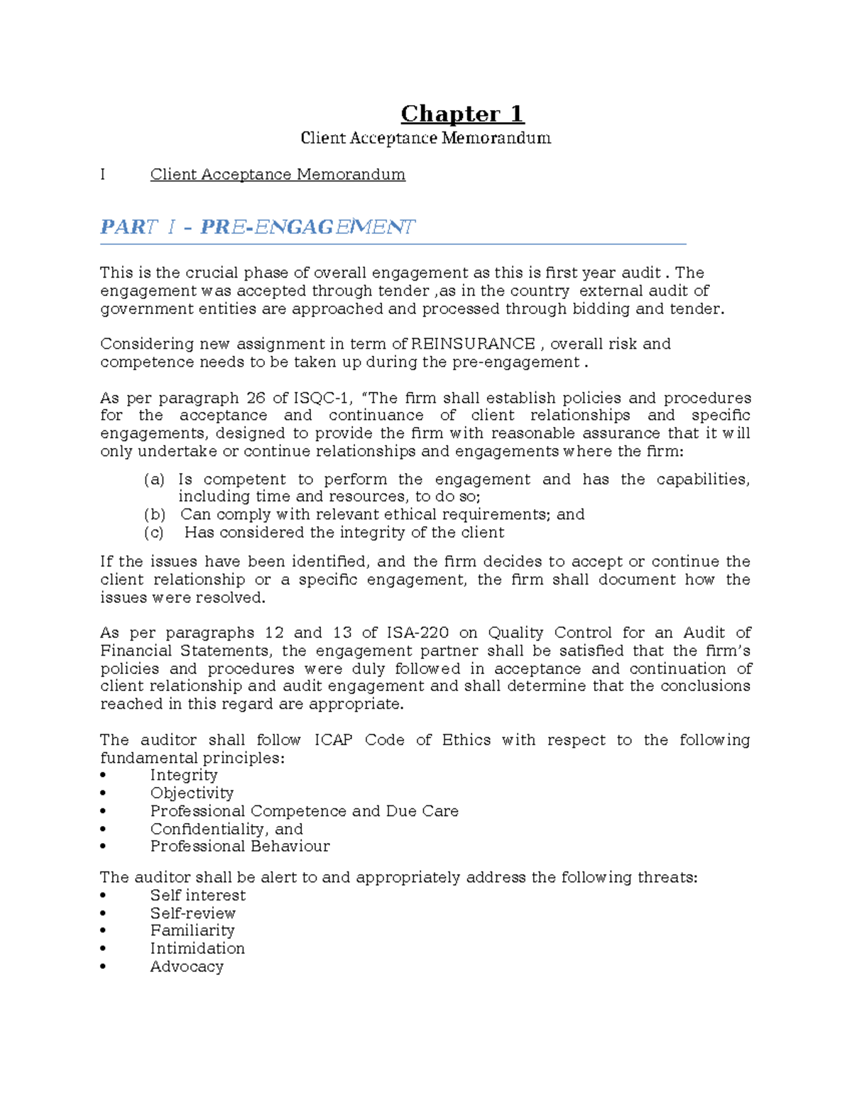 Chapter 1 - Client Acceptance Memorandum - Chapter 1 Client Acceptance ...