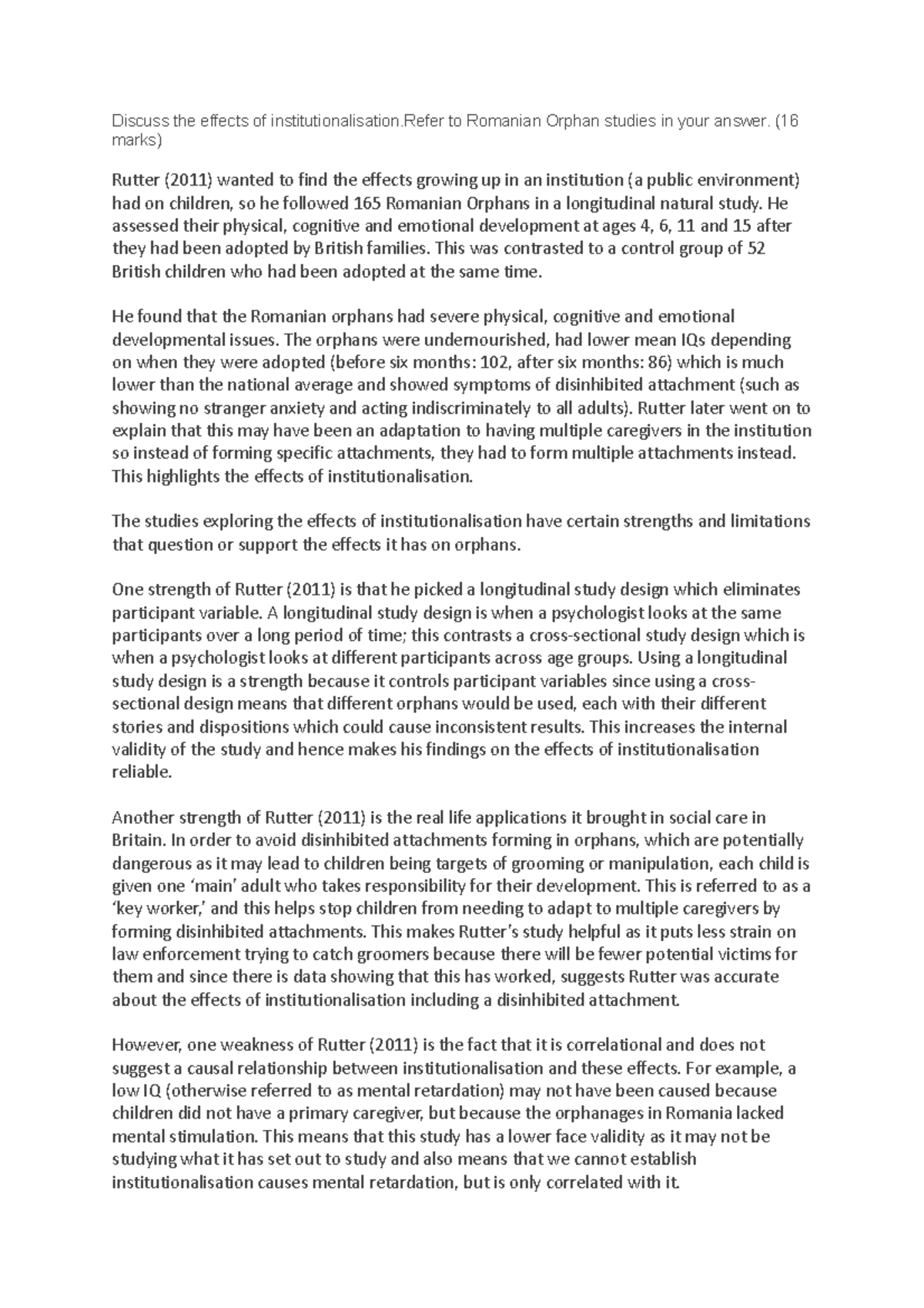 Institutionalisation 16 marker - Discuss the effects of ...