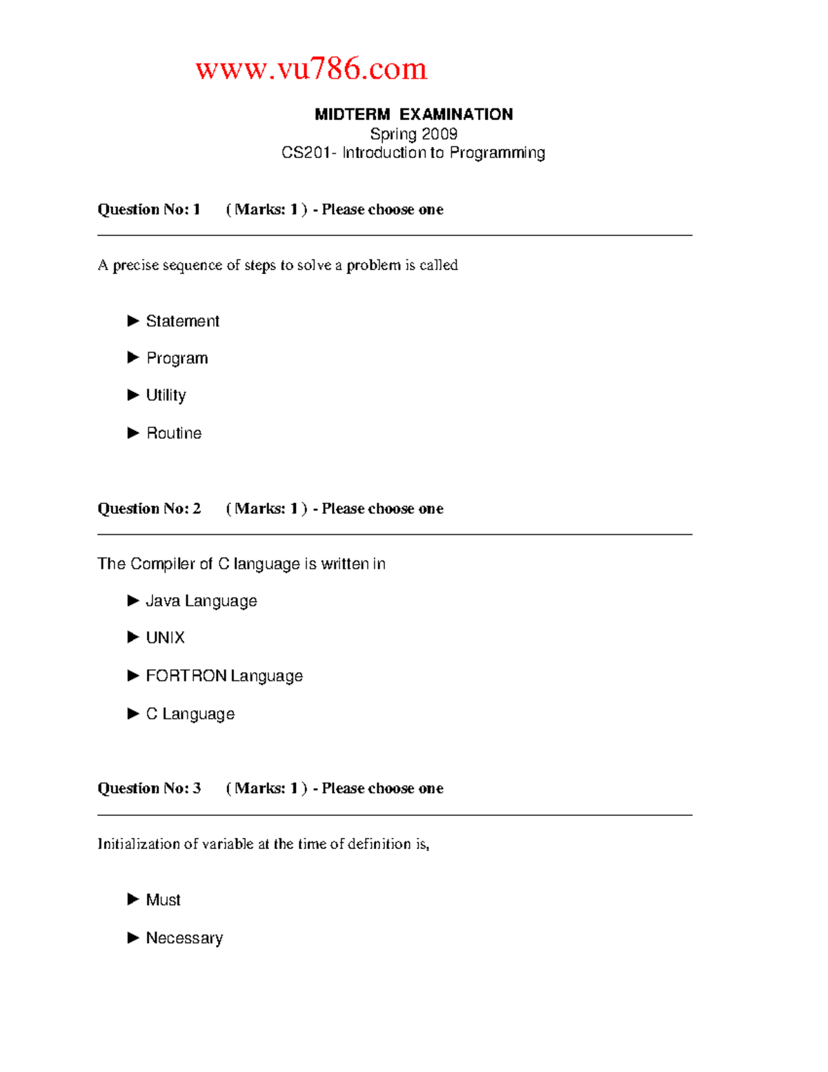 Cs201 mid term 10 wwwa - MIDTERM EXAMINATION Spring 2009 CS201- Introduction to Programming ...