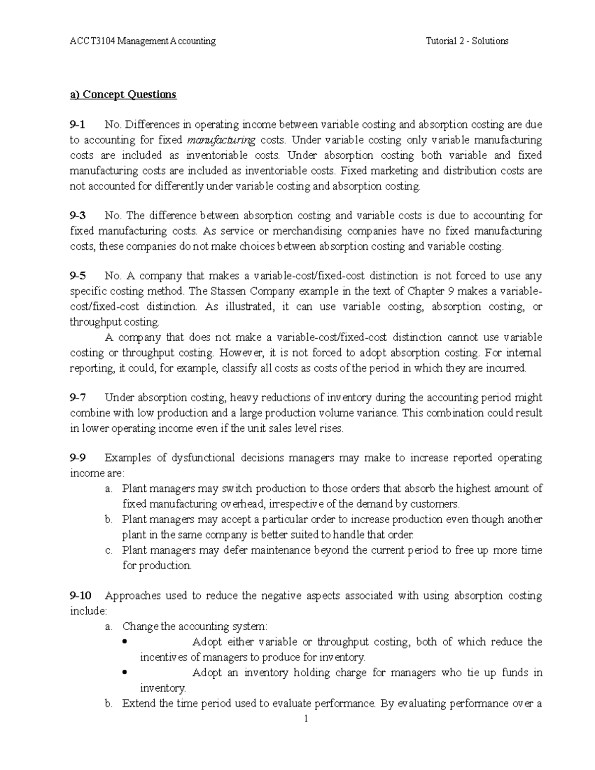 ACCT3104 Tute 2 Solutions - a) Concept Questions 9-1 No. Differences in ...