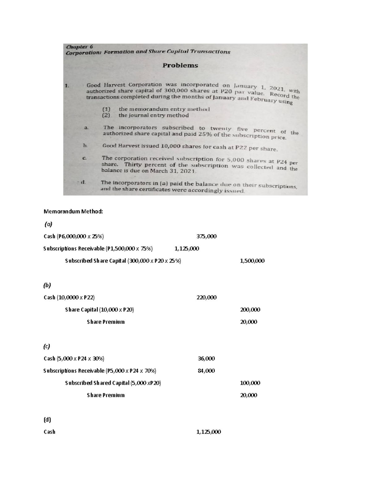 1 & 2 - notes - Memorandum Method: (a) Cash (P6,000,000 x 25%) 375 ...