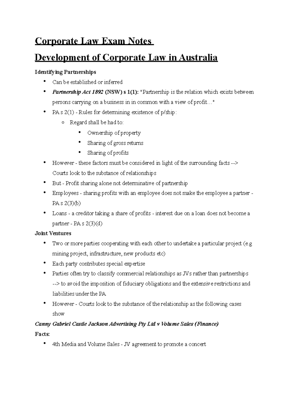 Corporate Law Exam Notes - Corporate Law Exam Notes Development of ...