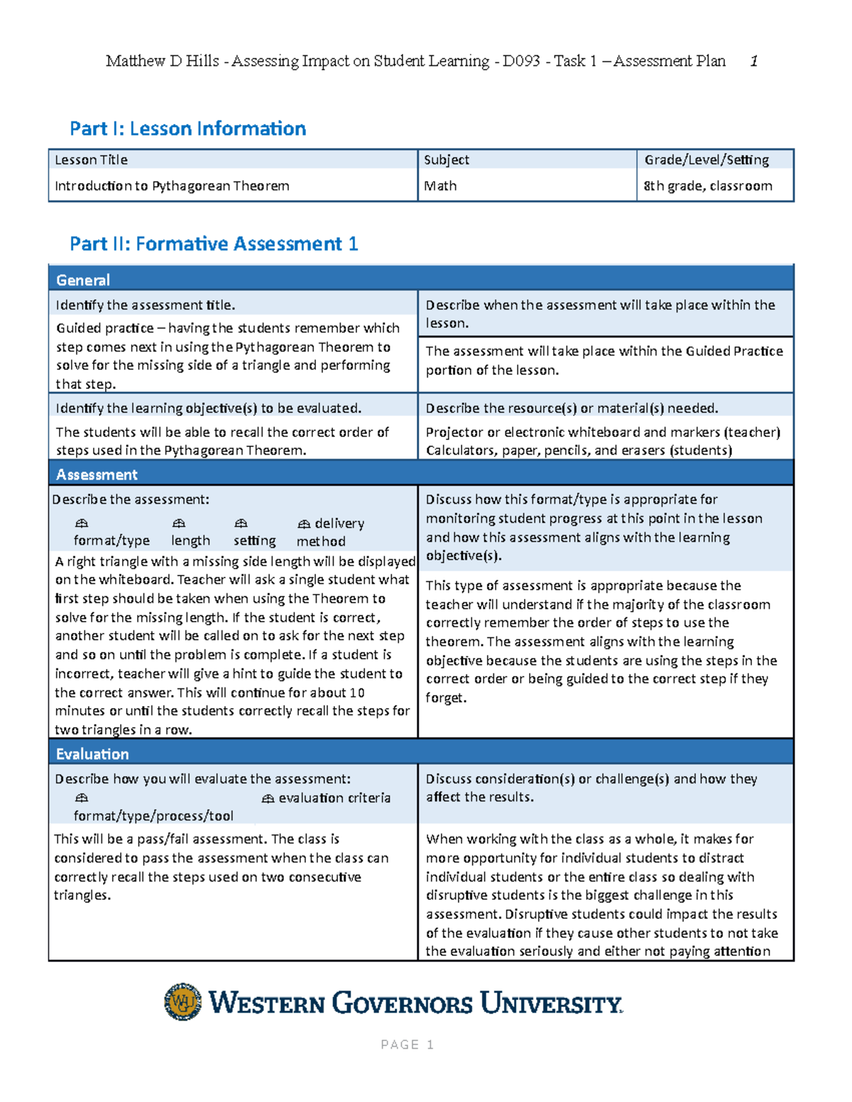 Matthew Hills - D093 - Task 1 - Assessment Plan - Part I: Lesson Information Lesson Title ...