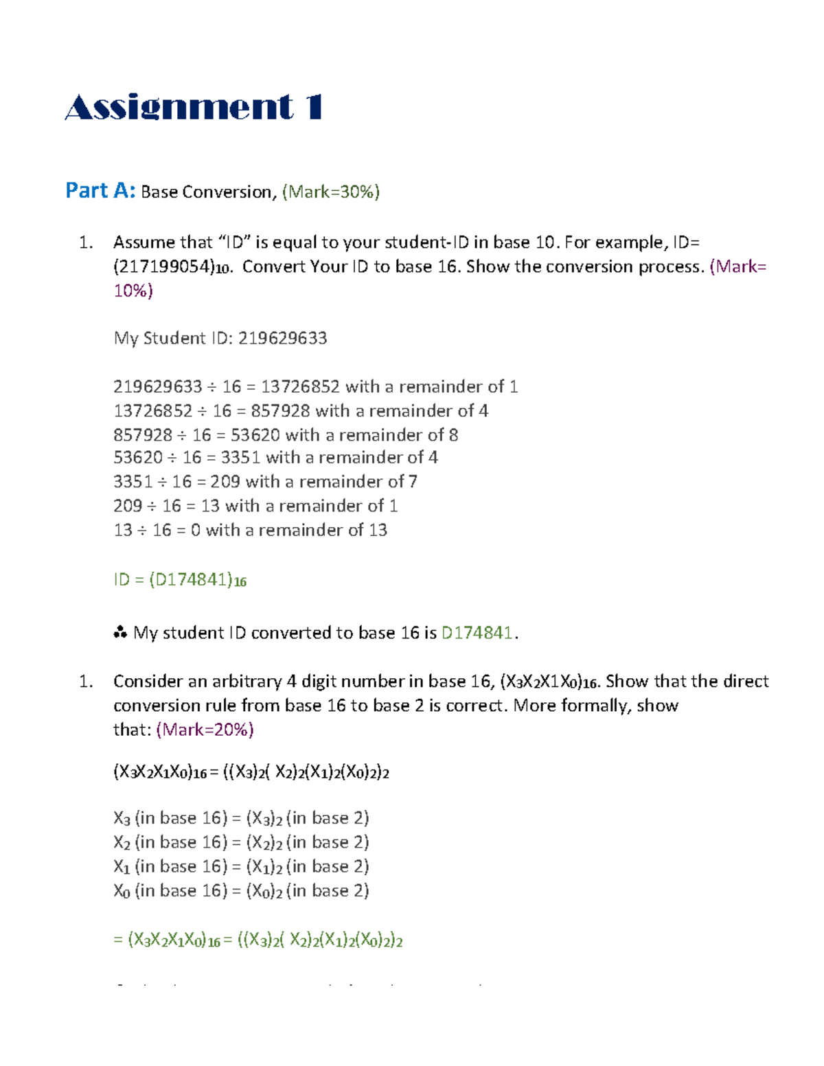 Assignment 1 - Part A: Base Conversion, (Mark=30%) Assume that “ID” is ...
