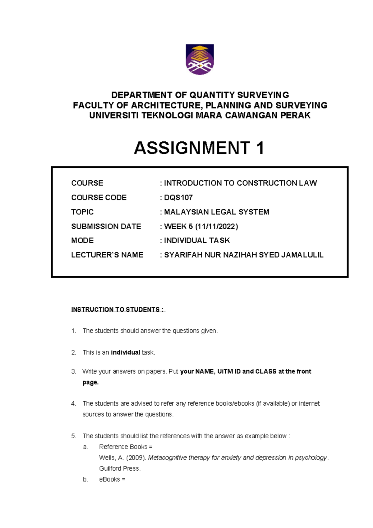 Assignment 1 DQS107 - DEPARTMENT OF QUANTITY SURVEYING FACULTY OF ...