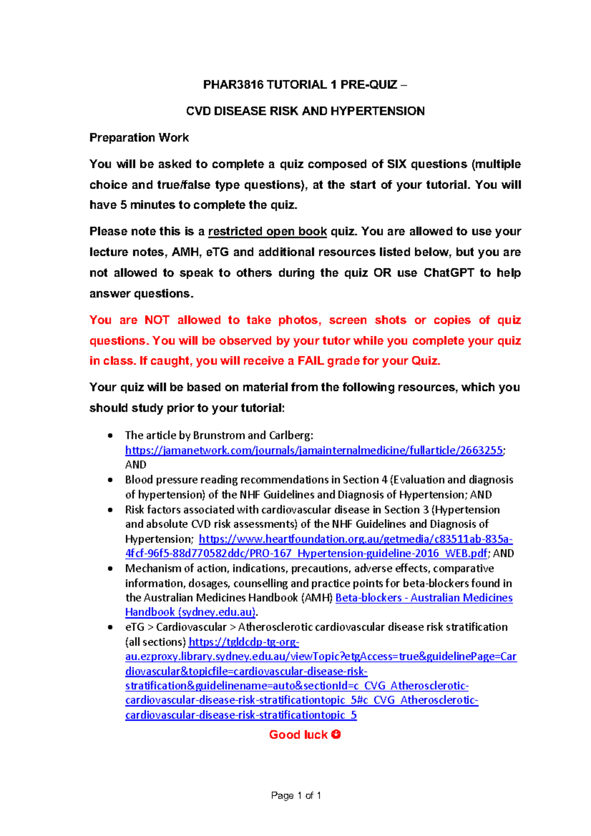 PHAR3816 Tutorial 1 Prework handout 2024-1 - Page 1 of 1 PHAR3816 TUTORIAL 1 PRE-QUIZ – CVD ...