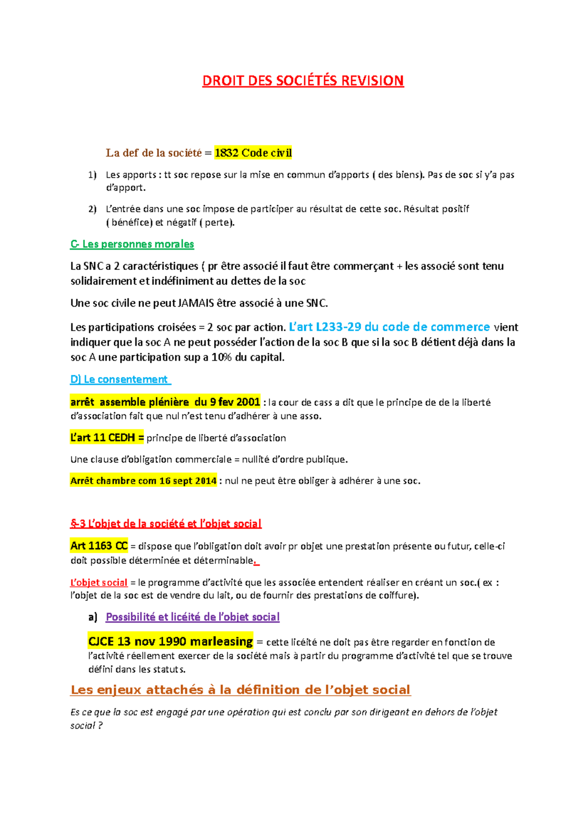 Fiche Revision DDS - DROIT DES SOCIÉTÉS REVISION La def de la société ...