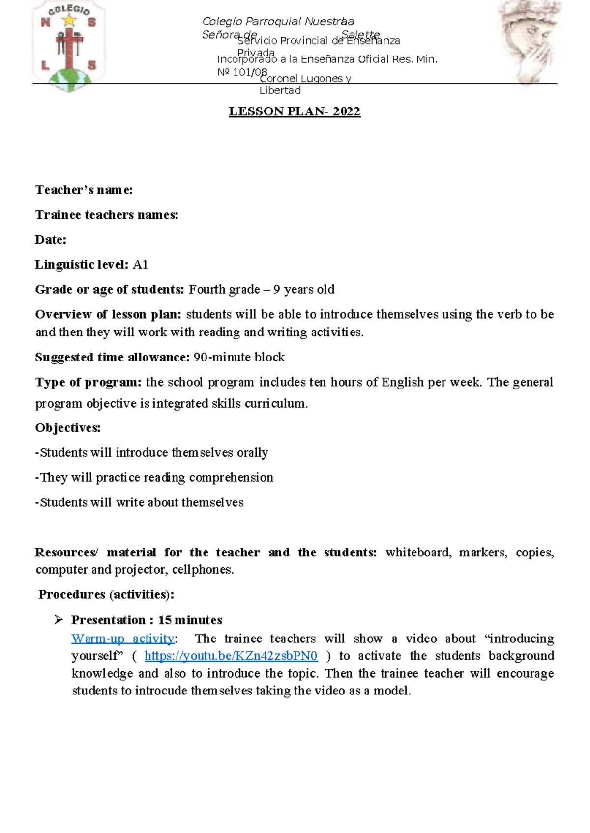 Clase gumball - LESSON PLAN- 2022 Teacher’s name: Trainee teachers ...