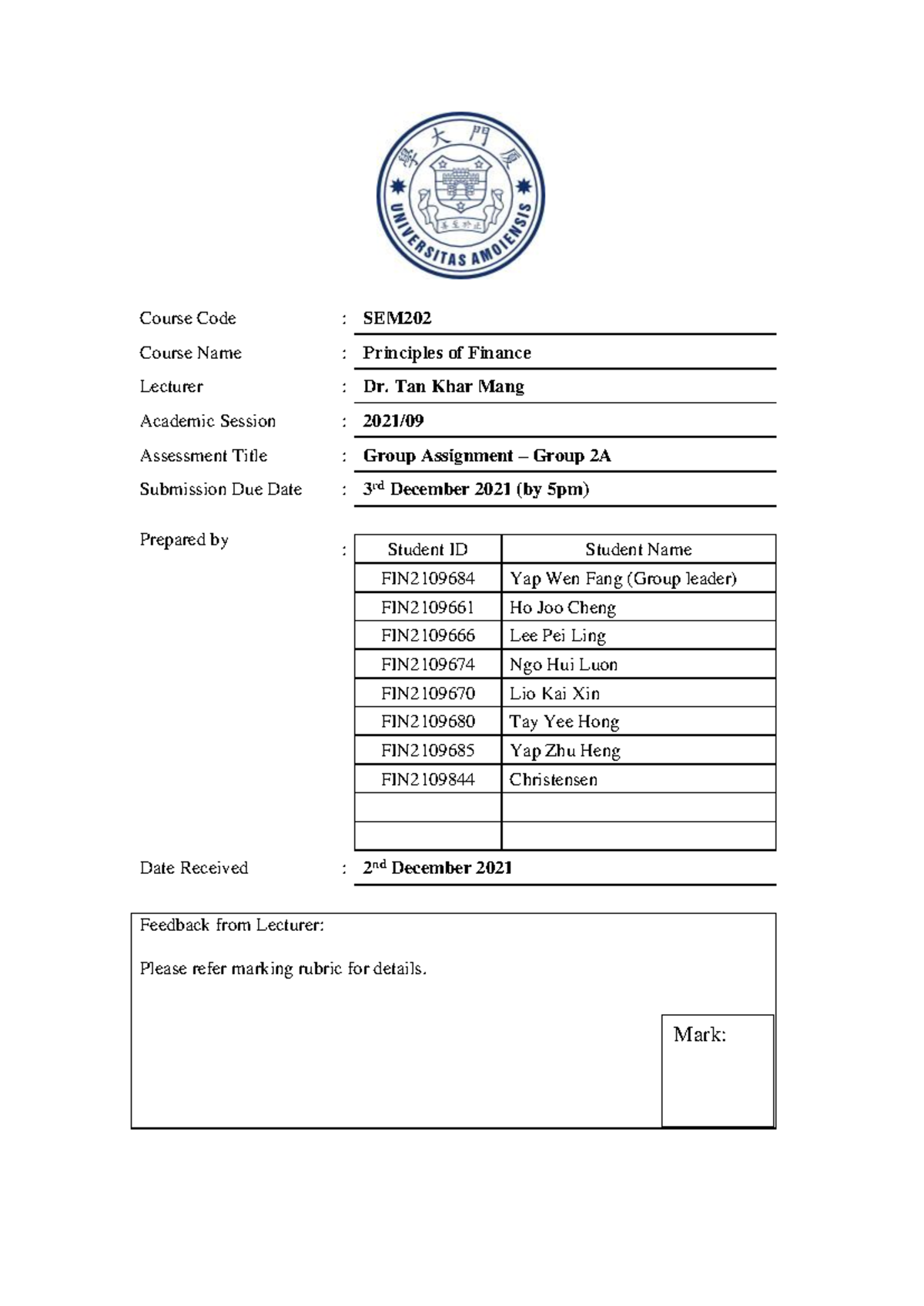 2 Group 2A - Course Code : SEM Course Name : Principles of Finance ...