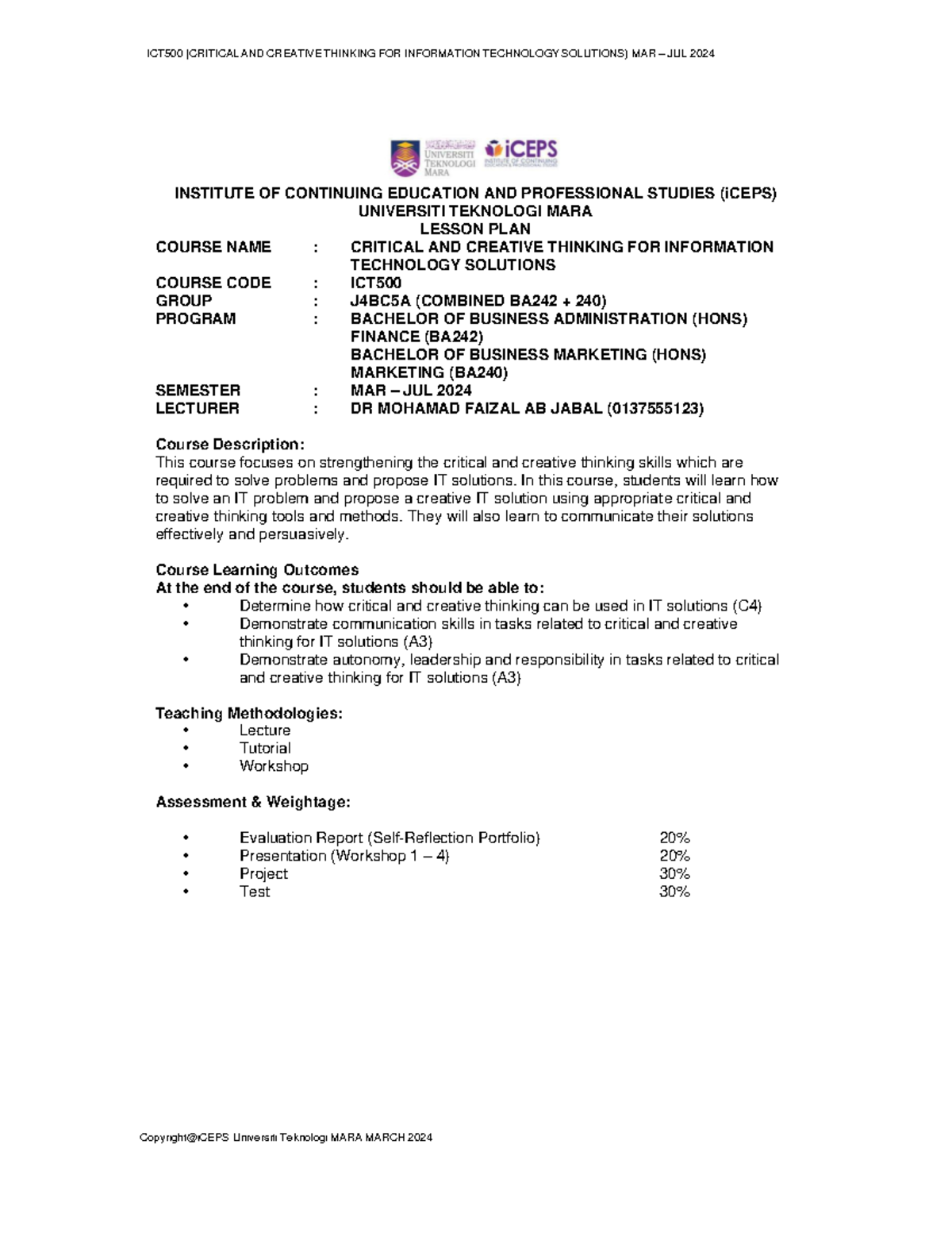 ICT500 Lesson PLAN FOR SEM MAR - JUL 2024 Iceps-Student-View - ICT5 00 ...