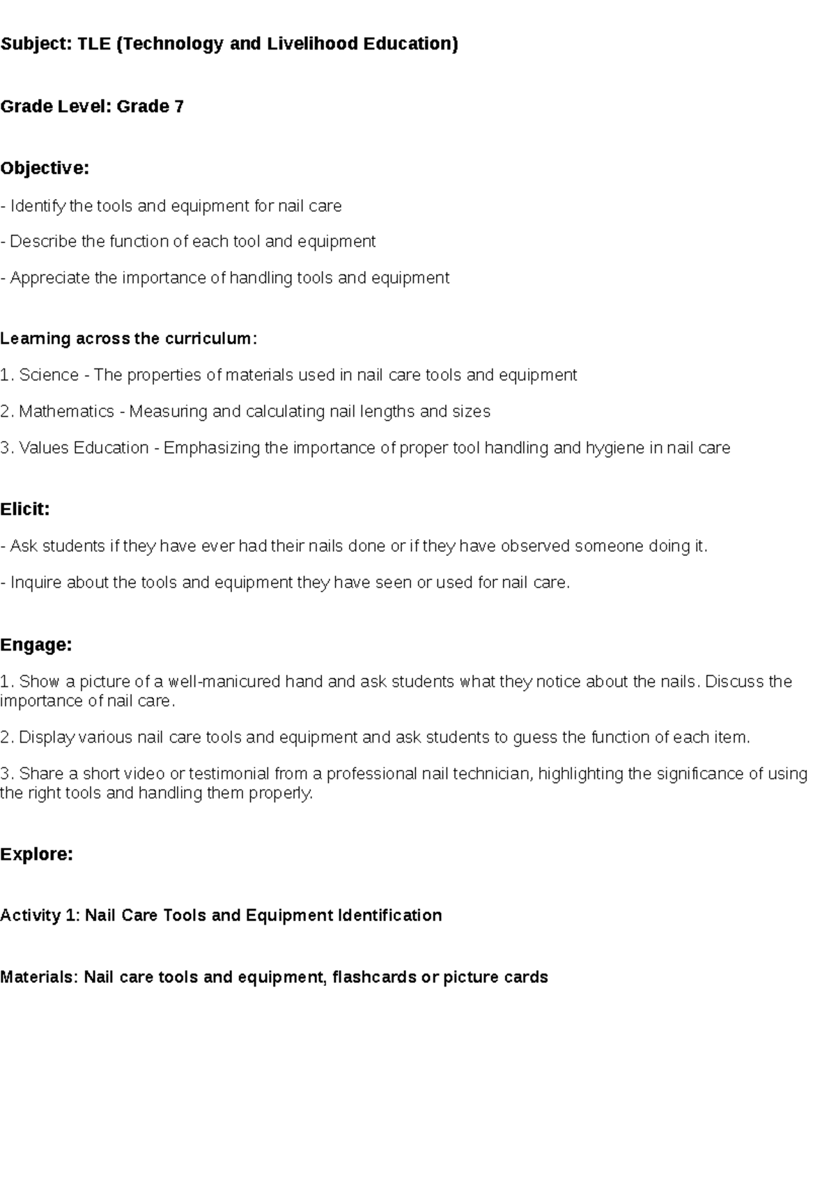 Lesson plan - Hshsh - Subject: TLE (Technology and Livelihood Education ...