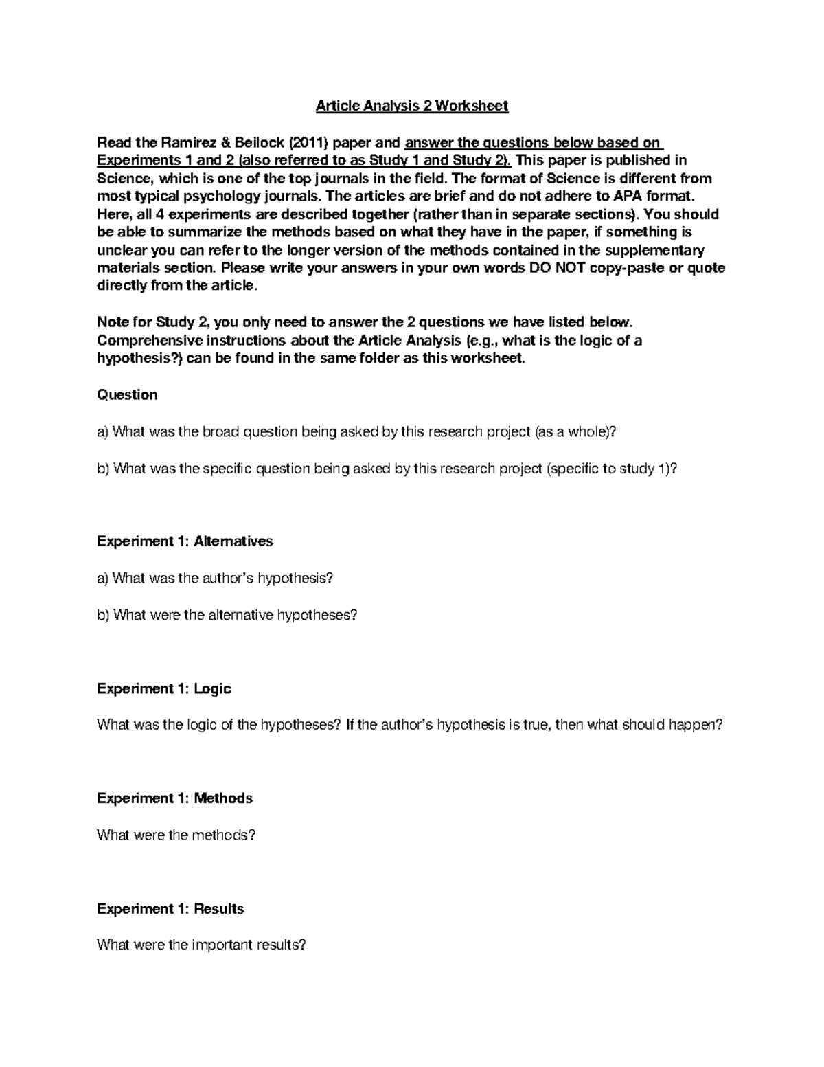 Article Analysis 2 Worksheet - Article Analysis 2 Worksheet Read the Ramirez & Beilock (2011 ...