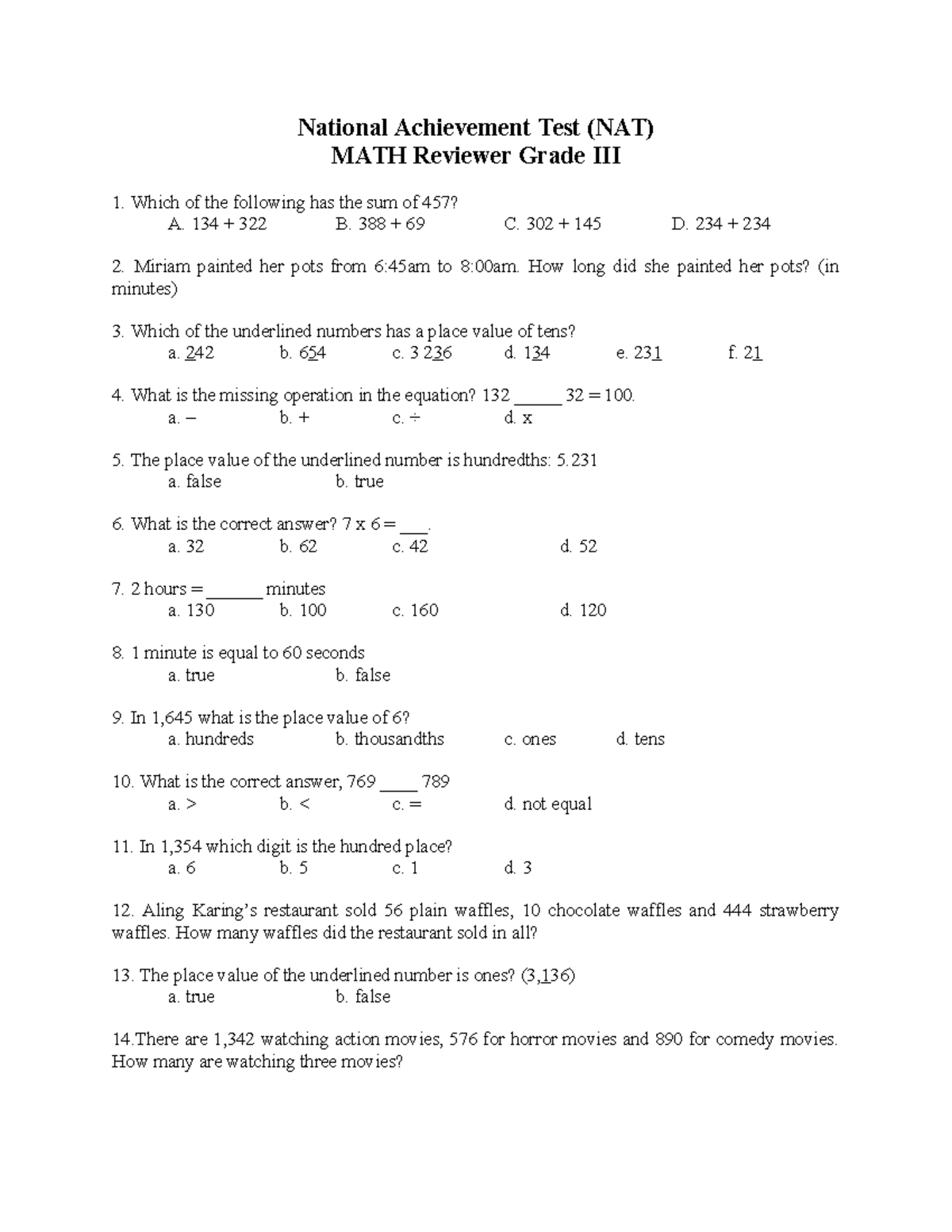 NAT Reviewer Grade 3 Math - National Achievement Test (NAT) MATH ...