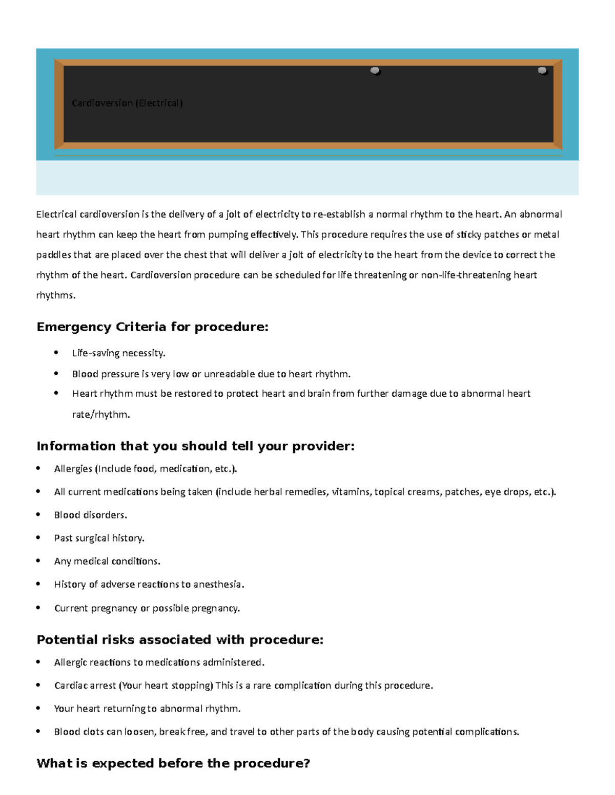 Cardioversion Patient Education Form - Electrical cardioversion is the ...